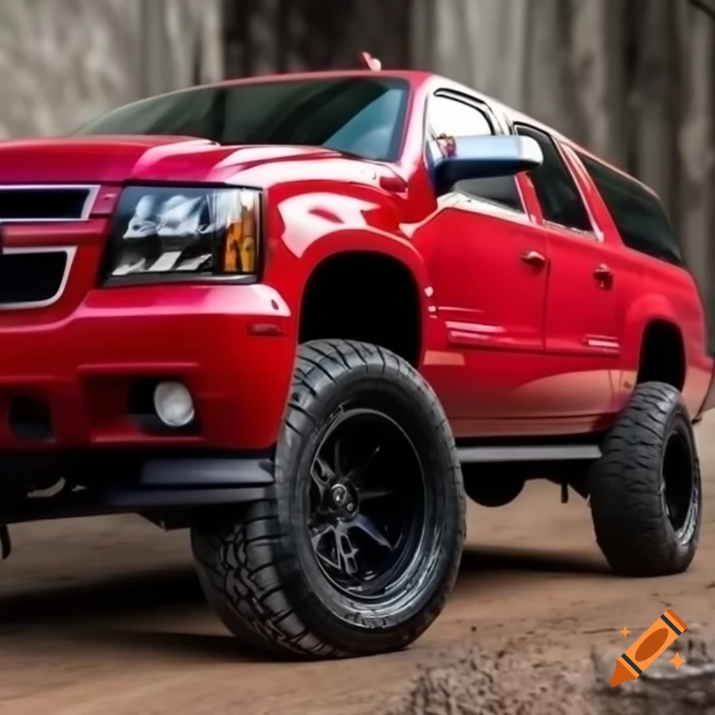 2010 Chevy Suburban in bold red with off-road tires and rugged design ...