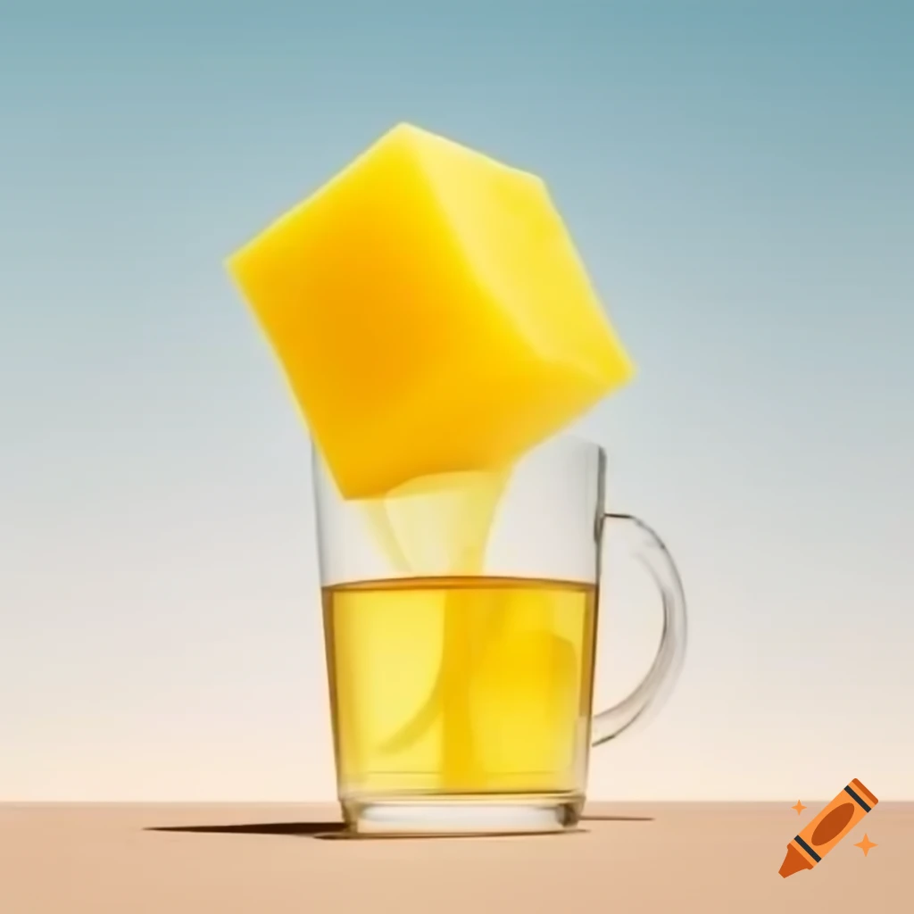 Yellow cube dissolving in a cup of water on Craiyon