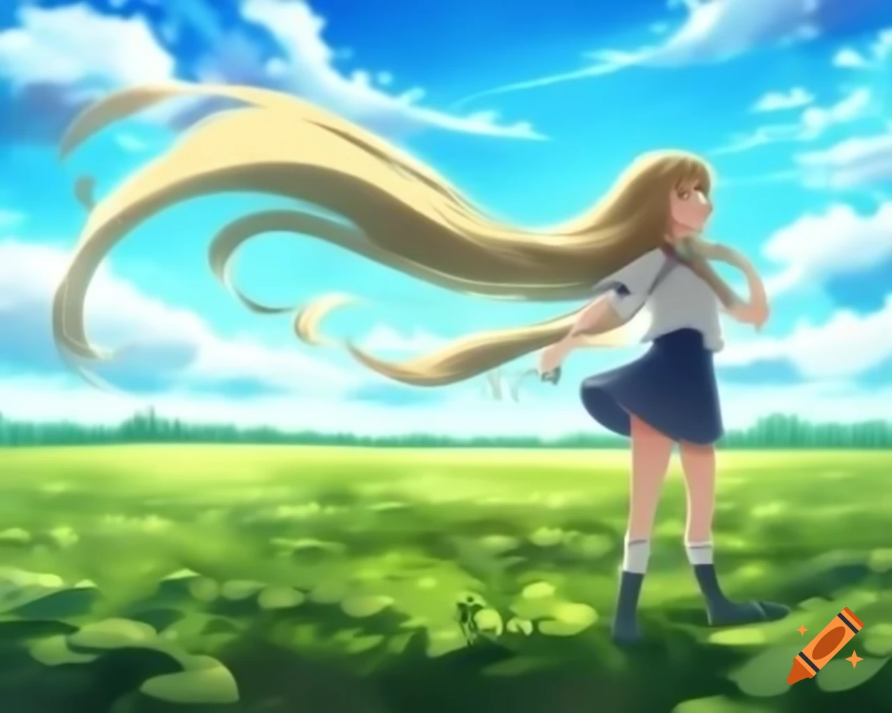 Anime girl with long hair in a field enjoying strong wind on Craiyon