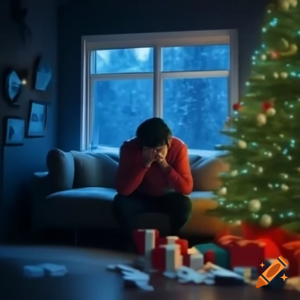 Person slumped in cozy living room during christmas, conveying mental ...