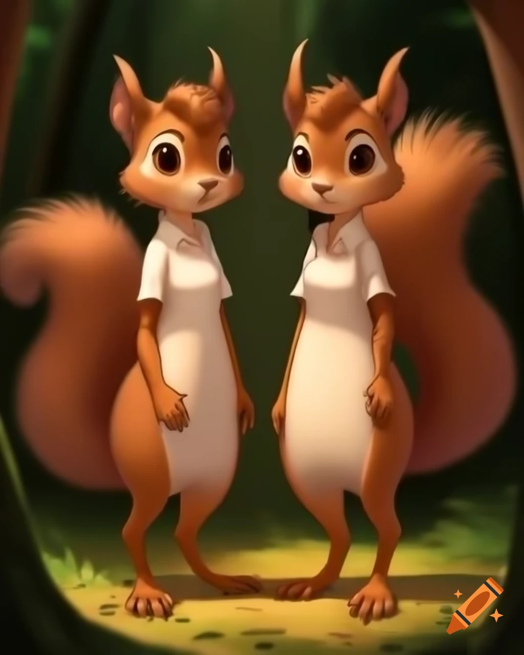 Anime anthropomorphic squirrel girls posing elegantly in a forest on ...