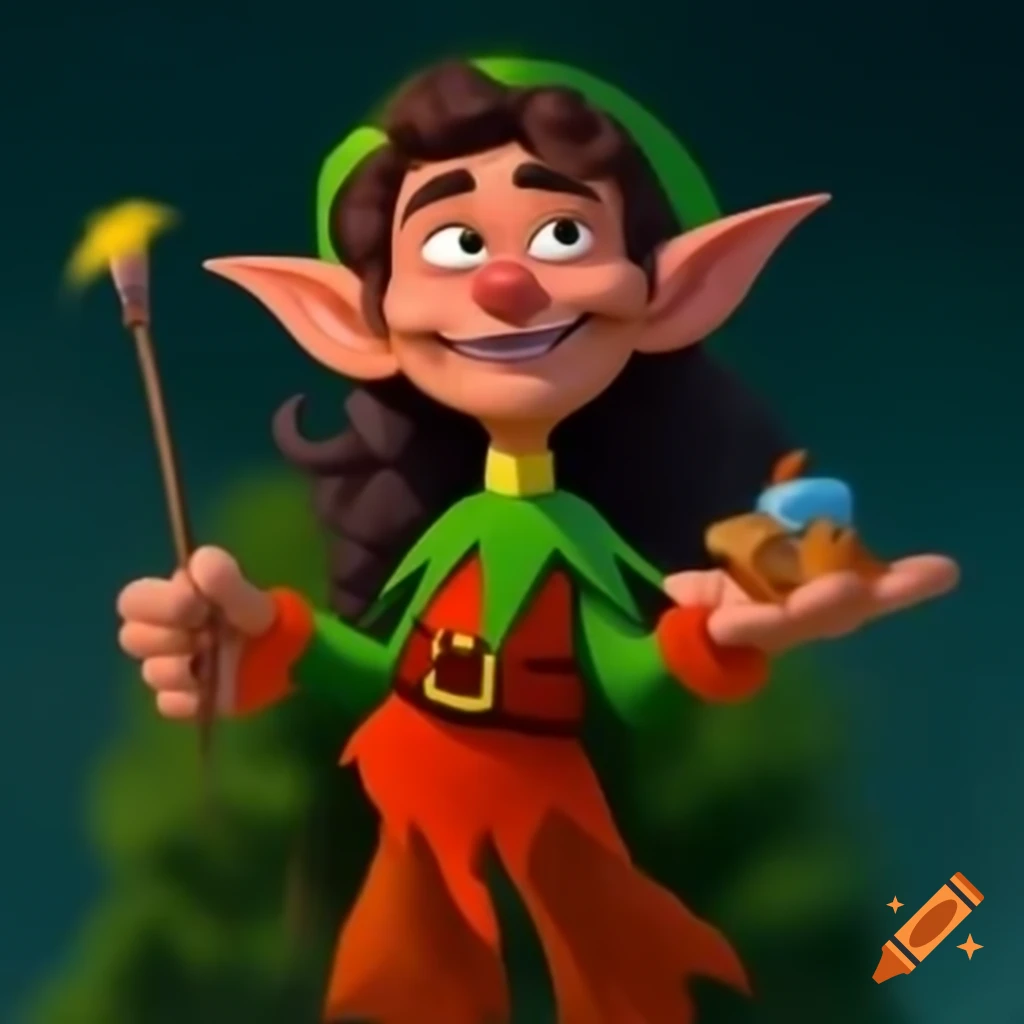 Friendly elf with brown eyes, tan skin, and curly brown hair on Craiyon