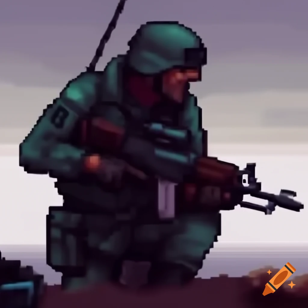 Pixel art soldier in side view with rifle ready on Craiyon
