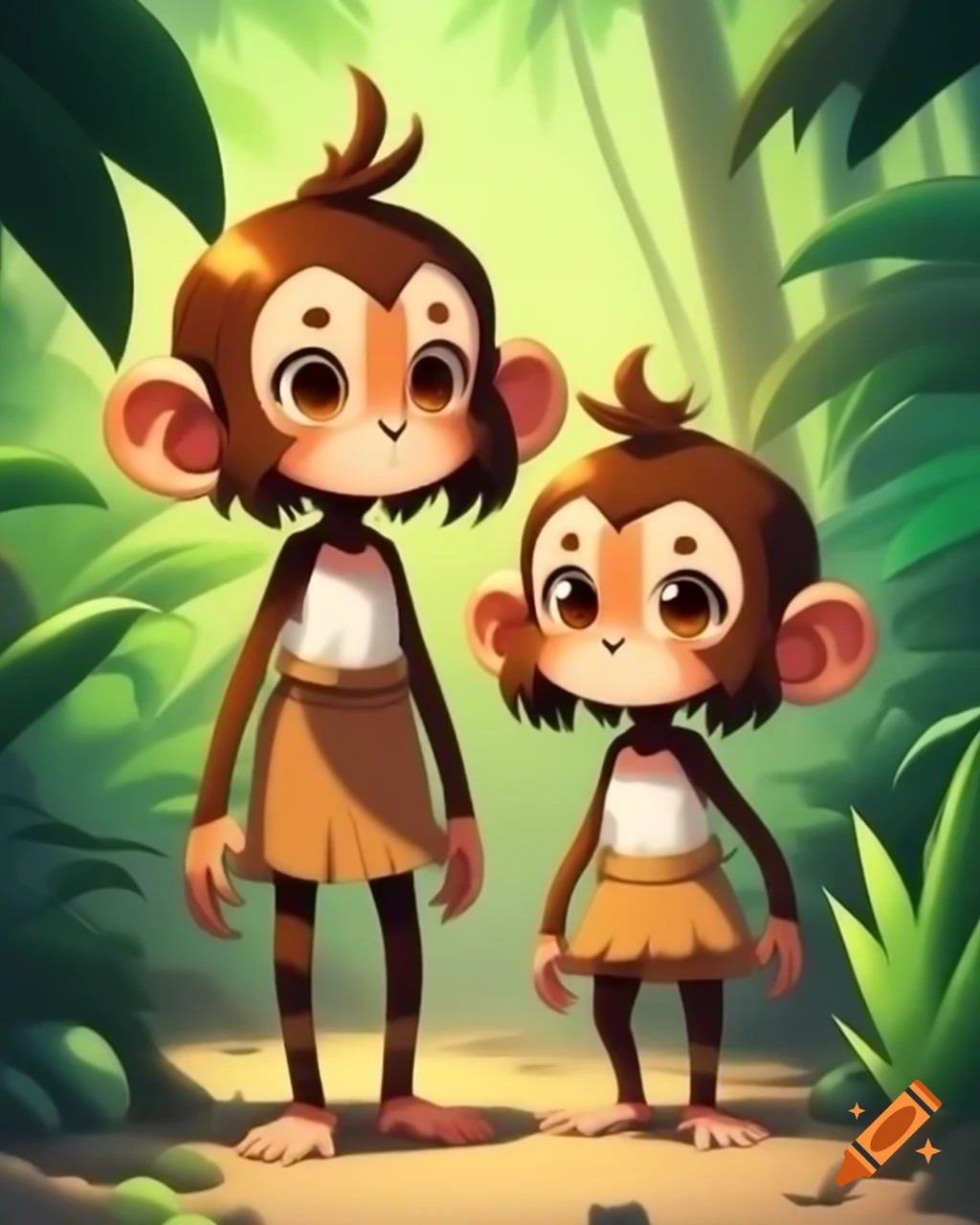 Two anthro monkey girls in skirts striking poses in jungle, anime style ...