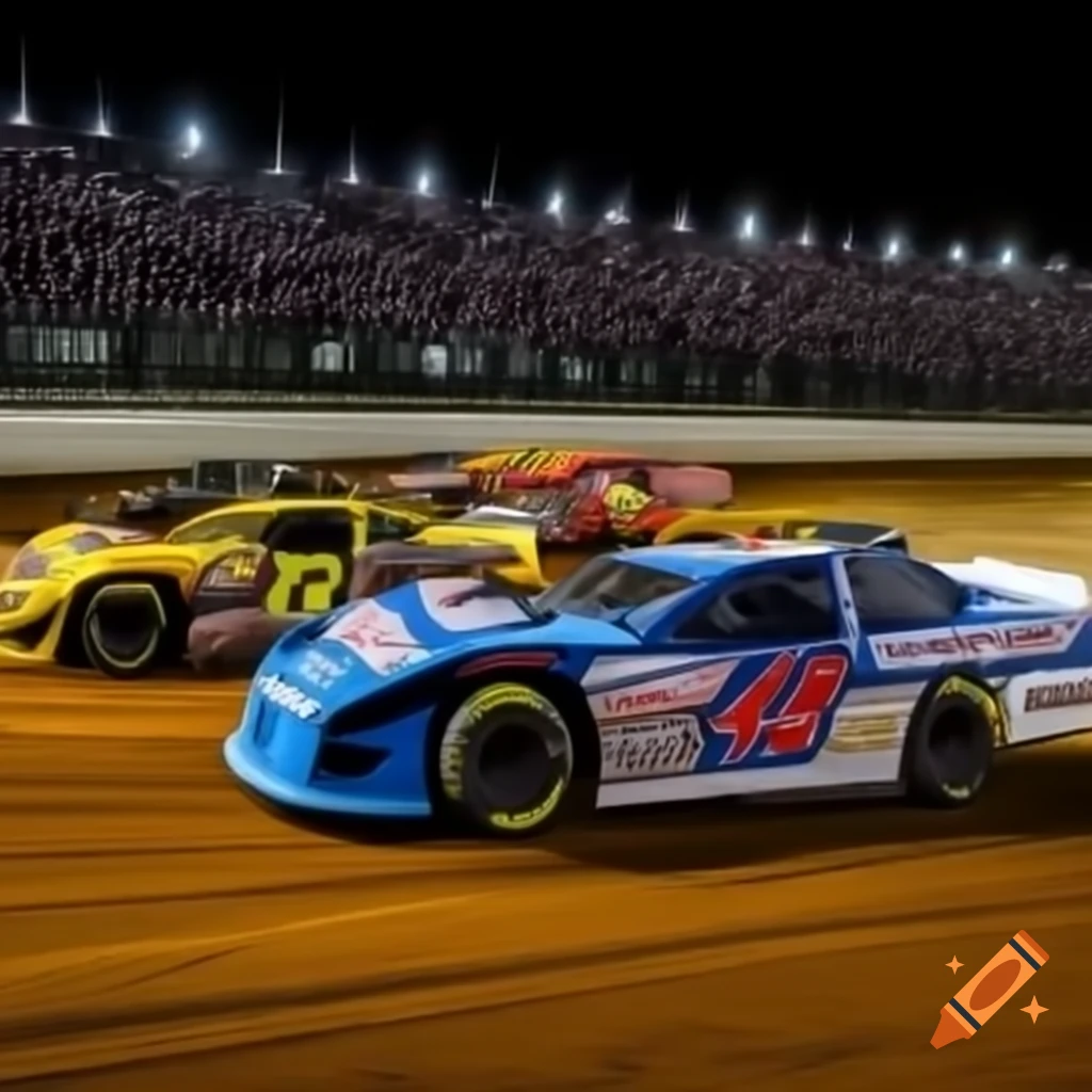 Race cars on dirt track at night with enthusiastic fans on Craiyon