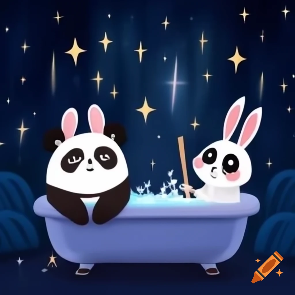 Claymation gray rabbit and panda relaxing under stars in hot tub on Craiyon