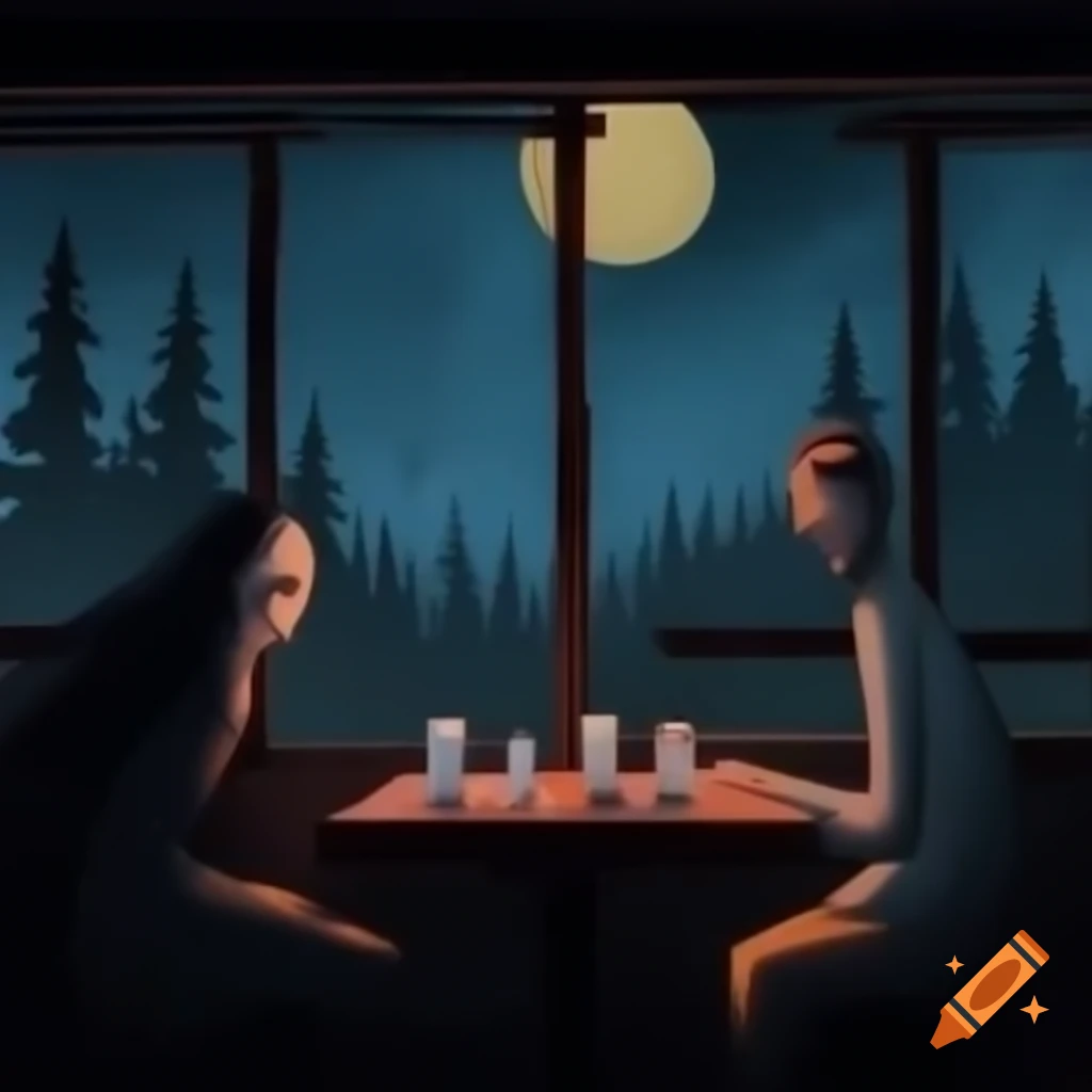 Crowded dimly lit café with a melancholic atmosphere and a man sitting ...