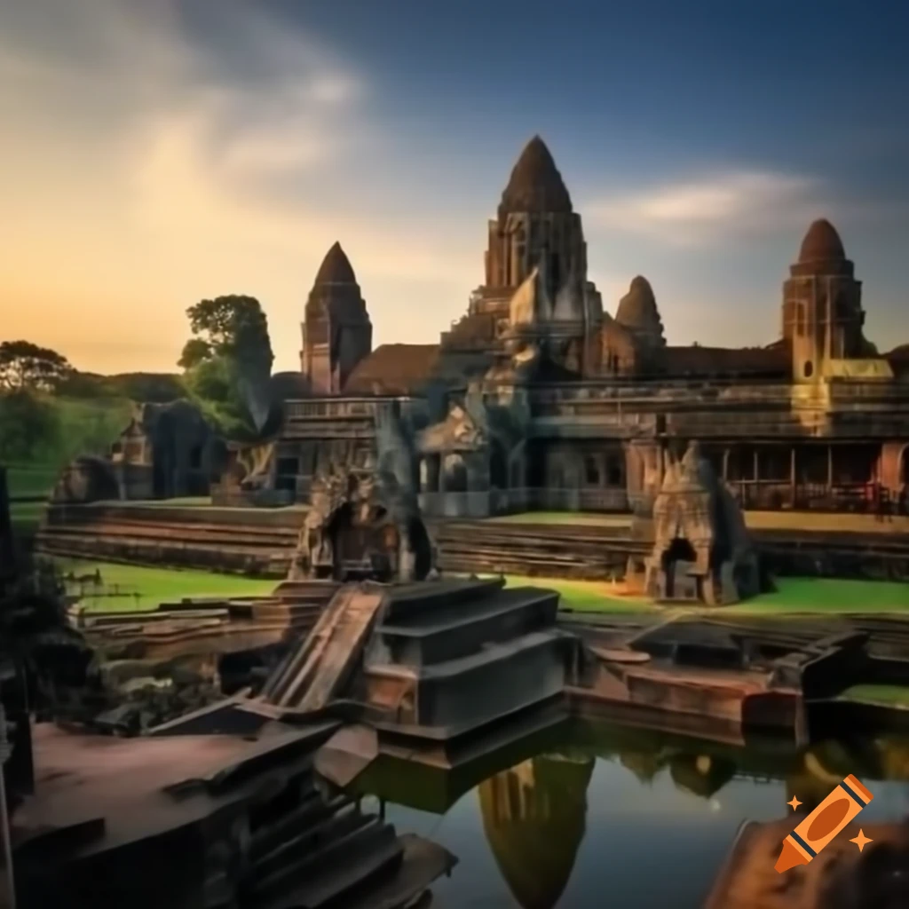 Angkor wat at sunrise with golden light reflecting on ancient towers ...