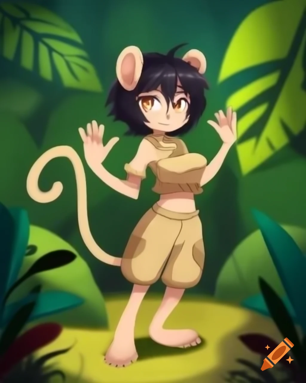 Anime anthro monkey girl in safari outfit posing in jungle on Craiyon