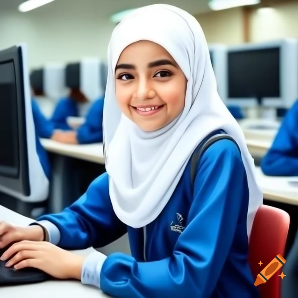 12-year-old Arab student in white hijab and indigo dress working on computer in lab on Craiyon