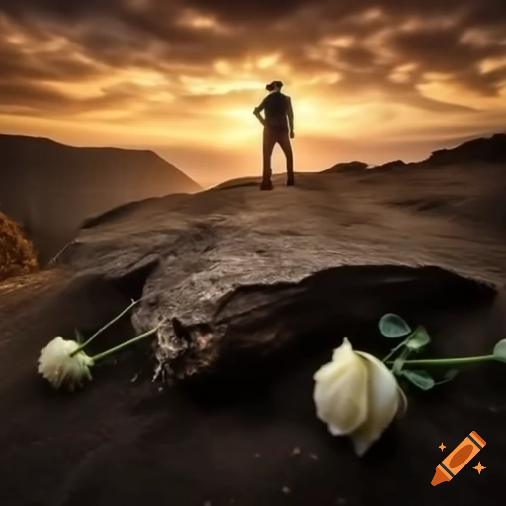 Cowboys on cliff watching sunset with fallen white roses on Craiyon