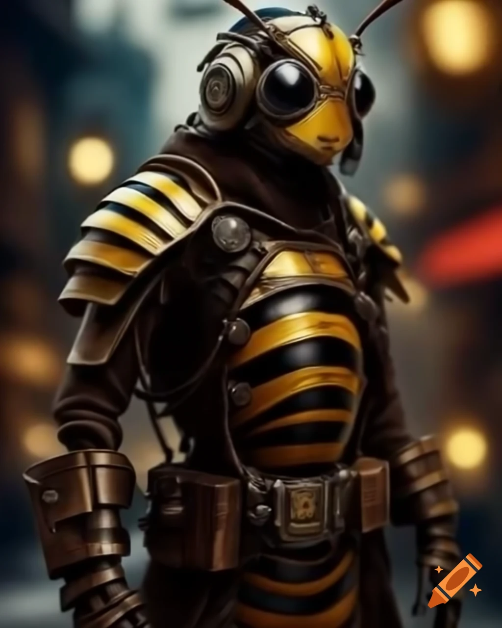 Steampunk humanoid bee monk soldier concept art on Craiyon