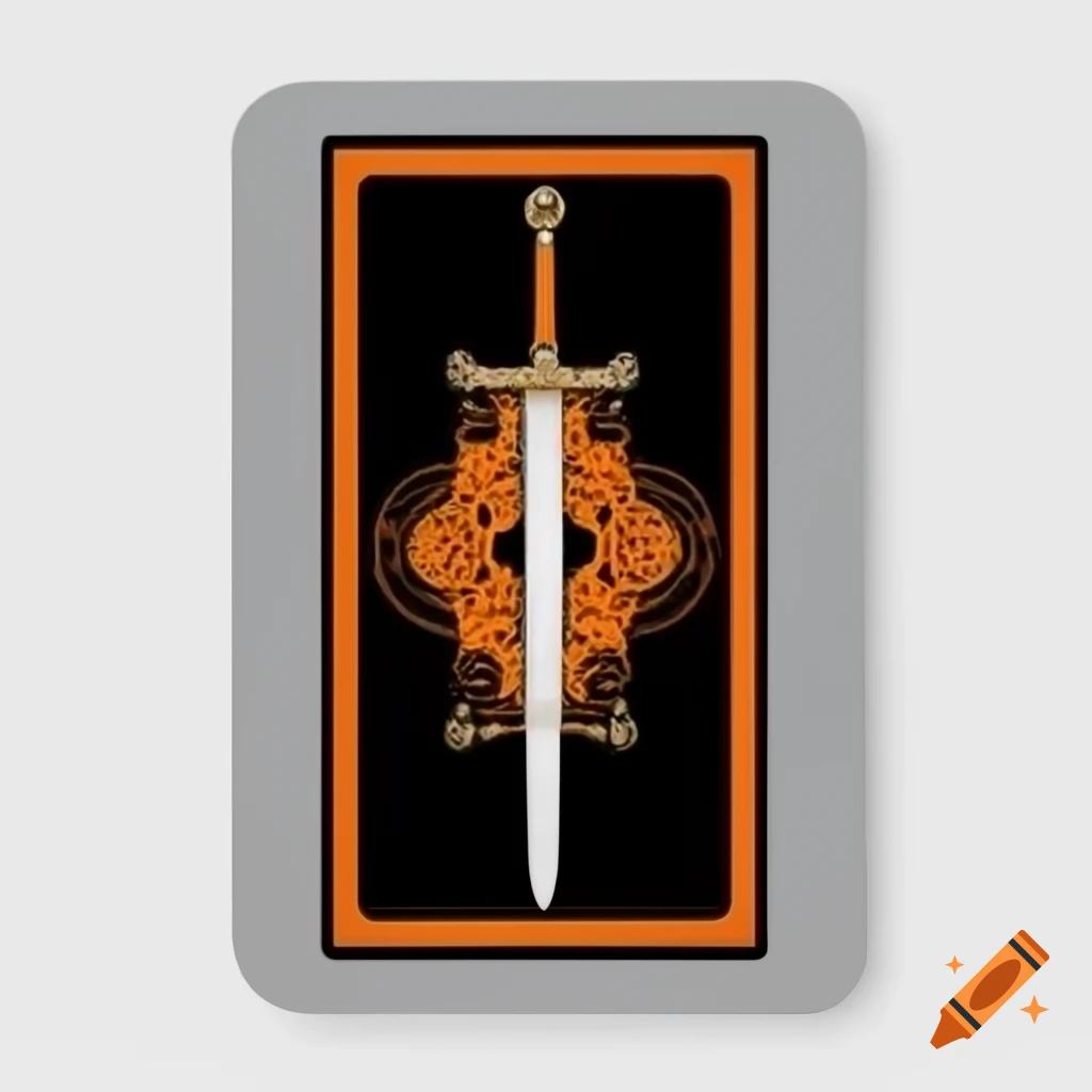 Tarot card back design featuring sword motif in black, orange, and gold ...