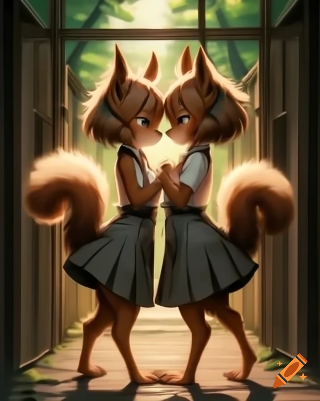 Anime anthro squirrel girls in skirts kissing in a forest setting on ...