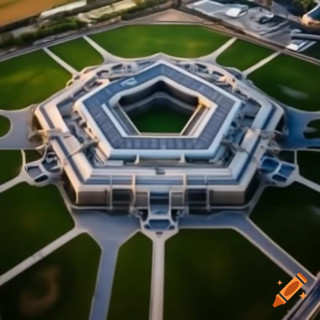 Aerial view of pentagon-shaped building with glass windows surrounded by grass fields on Craiyon