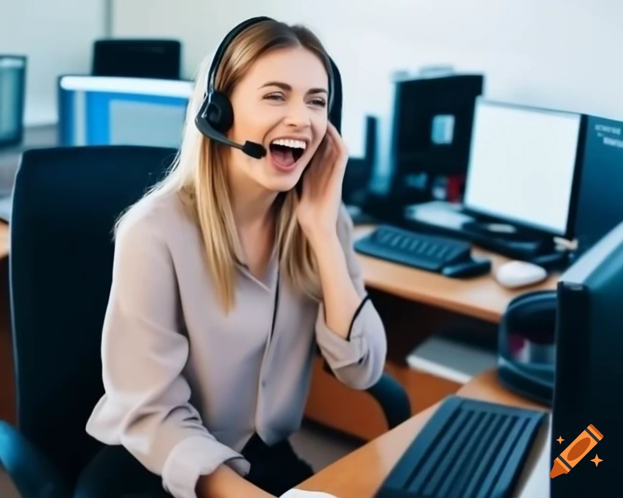 Female police dispatcher laughing at desk with colleagues in background ...