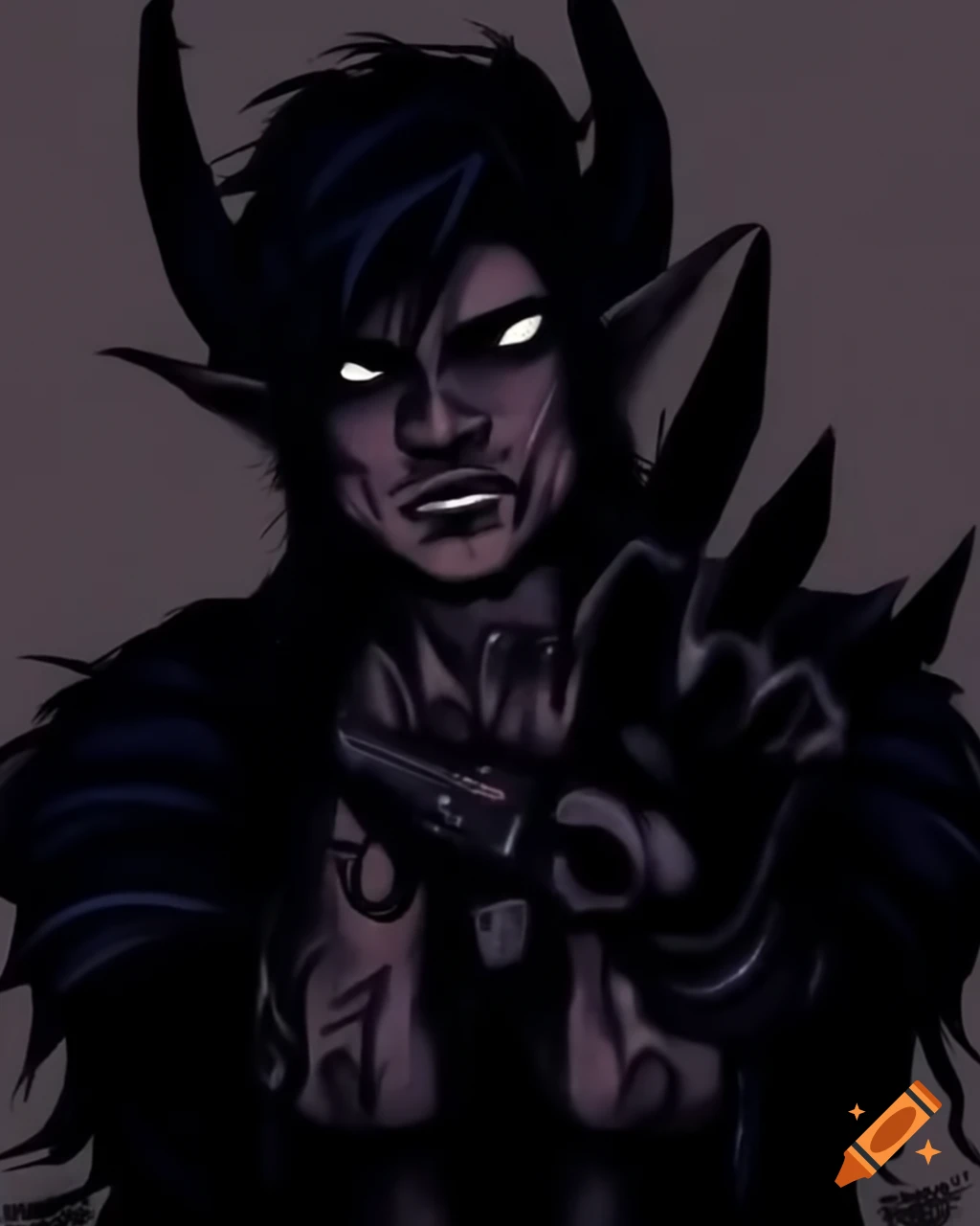 Handsome elf with black horns, intricate face tattoo, and bandanna on ...