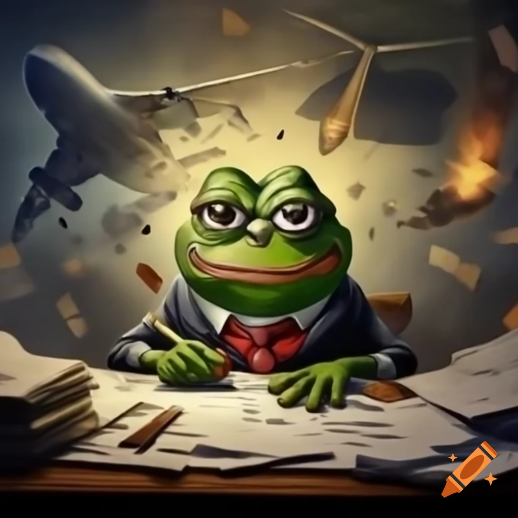 Pepe character destroying documents featuring airplane drawings on Craiyon