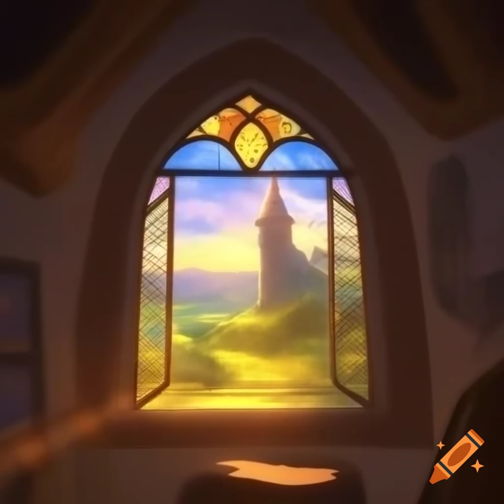 Golden sunlight through stained-glass window depicting Rapunzel's tower on Craiyon