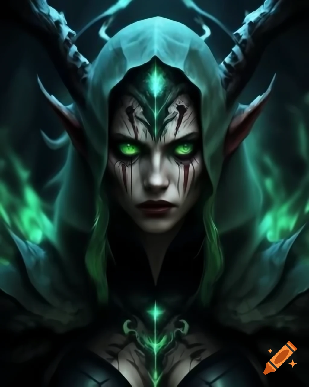 Female necromancer casting blue-green spell with glowing eyes in ...