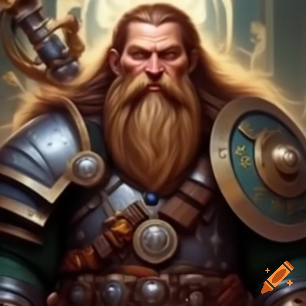 Dwarf in chrome armor with braids and beads in beard, holding shield ...