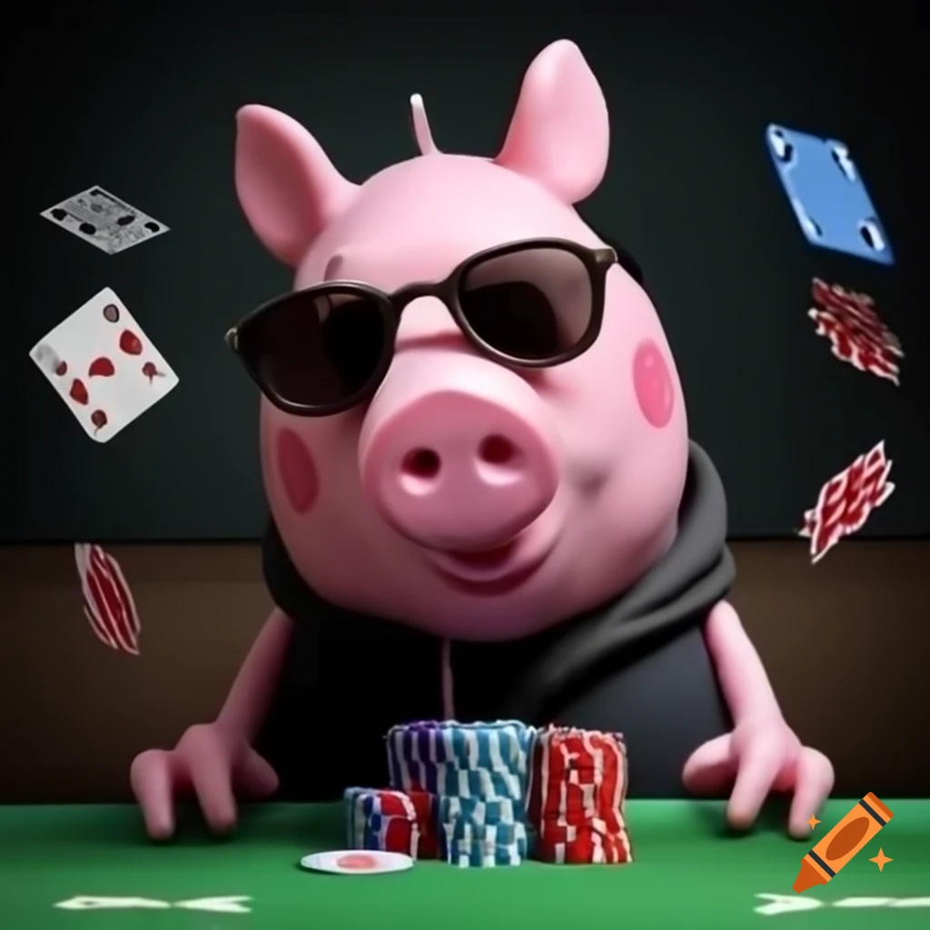 Muscular Peppa Pig in sunglasses and hoodie holding poker cards on Craiyon