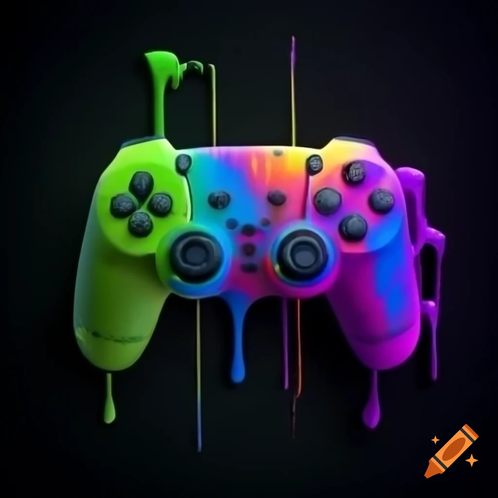Vibrant gaming controller dripping colored paint against dark ...