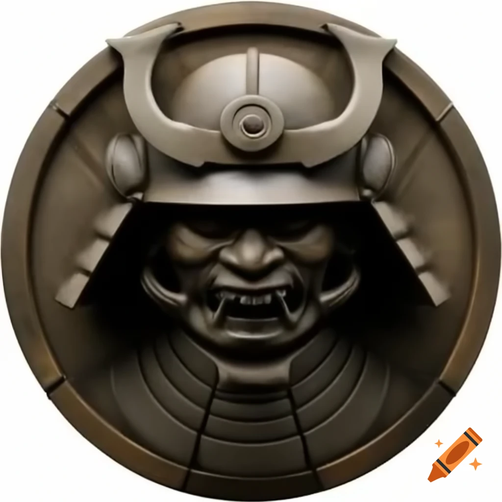 Round shield featuring bas-relief of samurai helmet on Craiyon