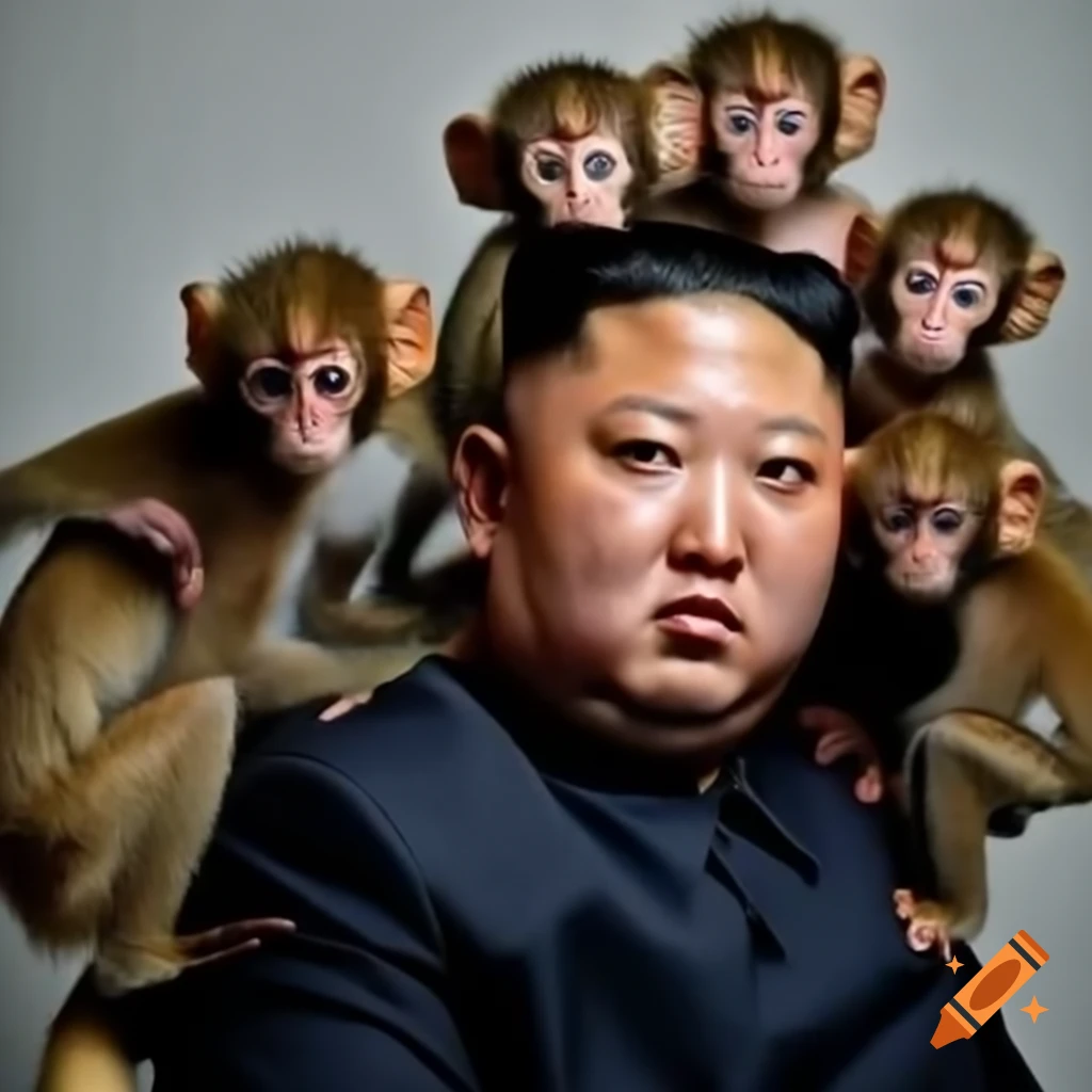 Kim Jong Un in room filled with caged baby monkeys on Craiyon