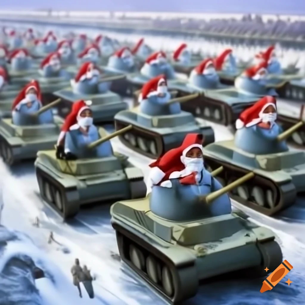 Santa's sleigh alongside tanks during Blitzkrieg, a surreal blend of ...
