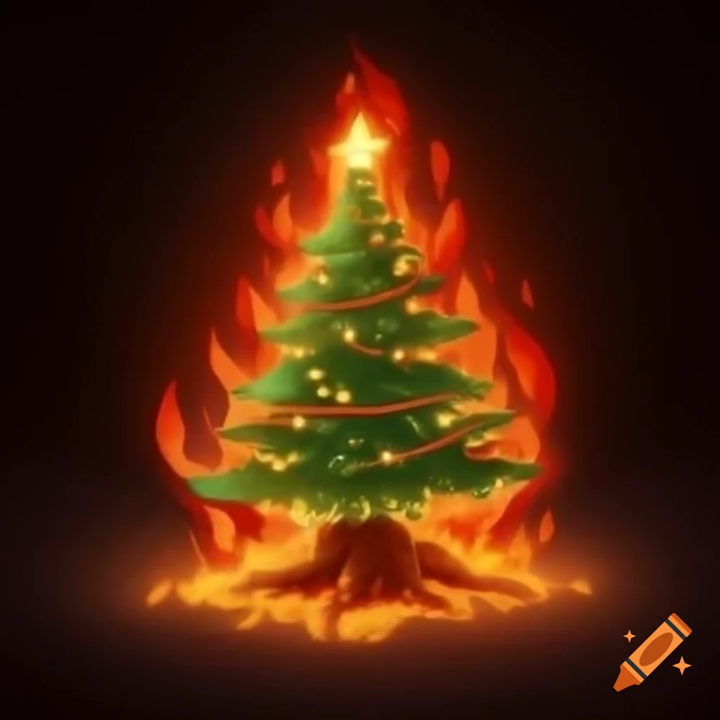 Cartoon of a Christmas tree on fire on Craiyon