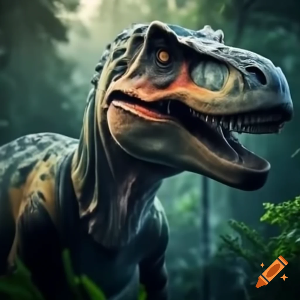 Tyrannosaurus rex standing in a rainy forest on Craiyon