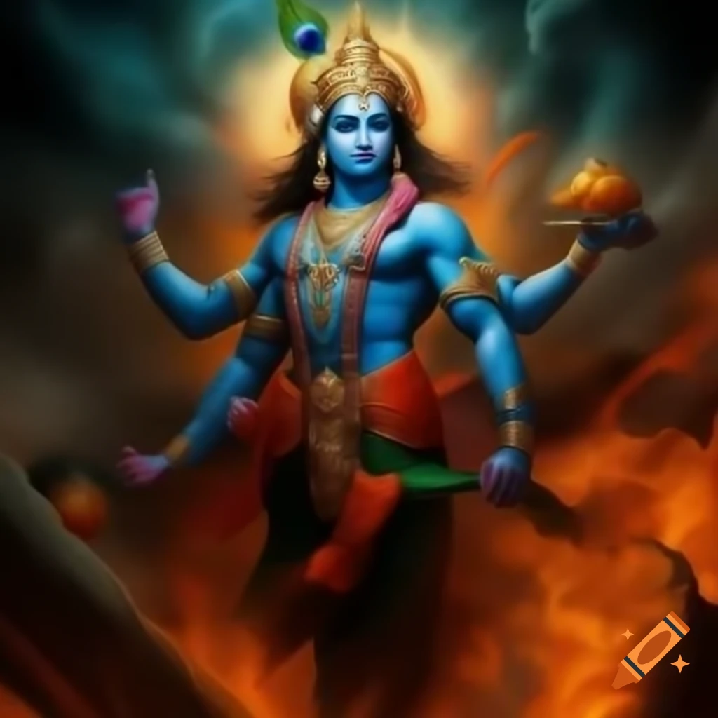 Divine figure resembling lord krishna in majestic pose with peacock ...