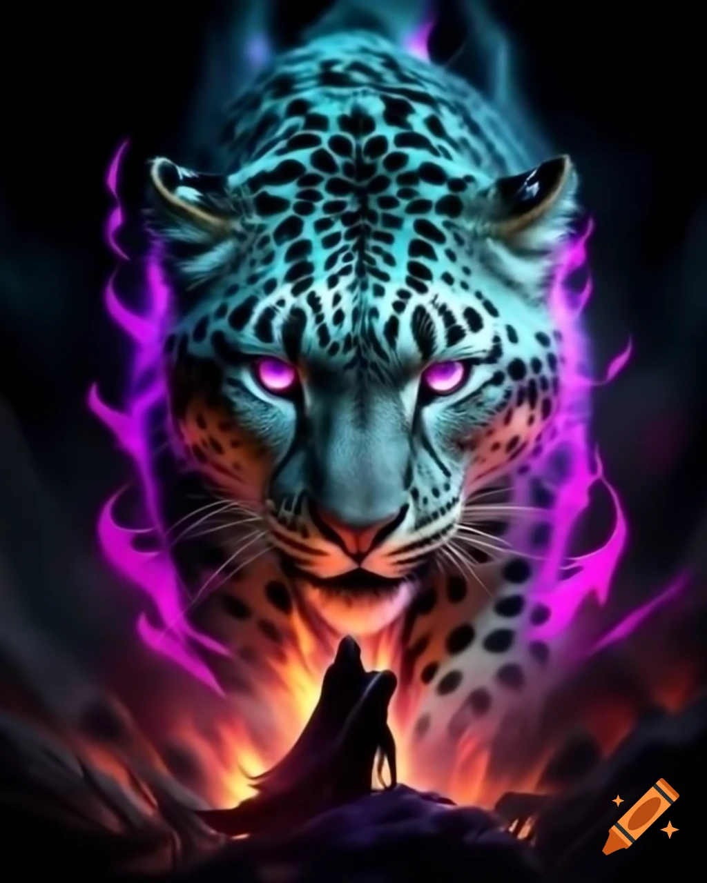 Snow leopard observing in vibrant cirque of turquoise and violet on Craiyon