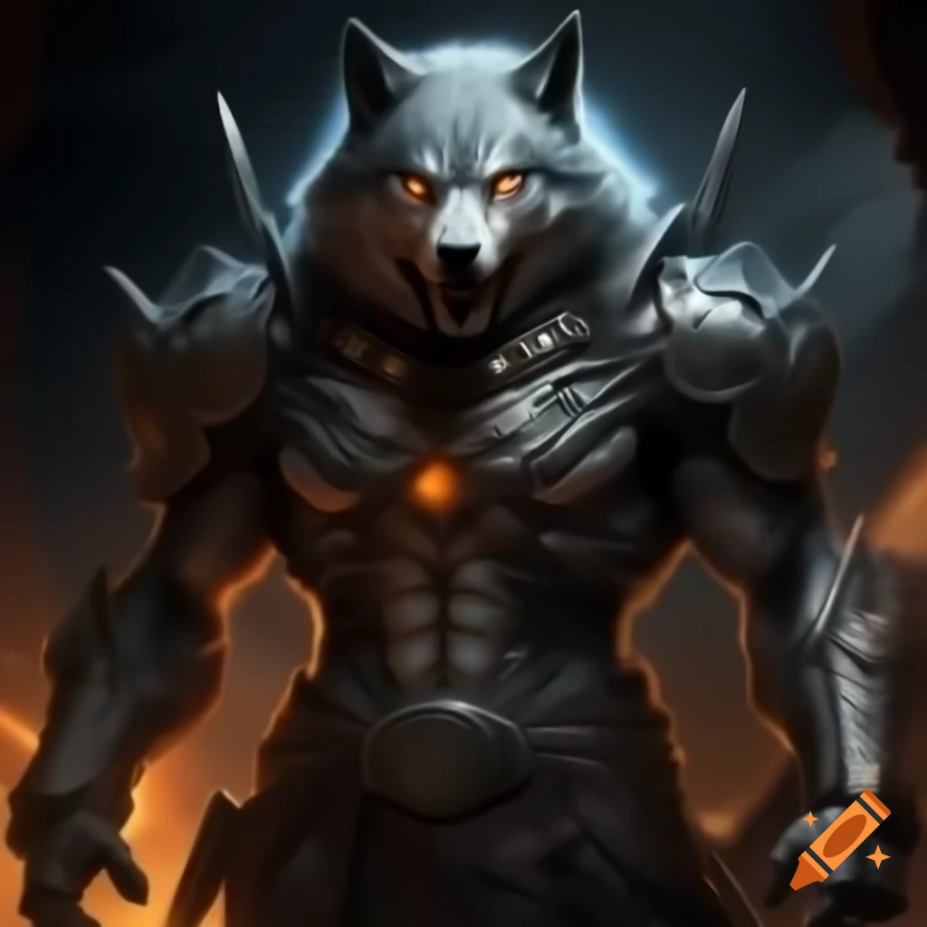 Humanoid wolf character combining feral strength and technological sophistication on Craiyon
