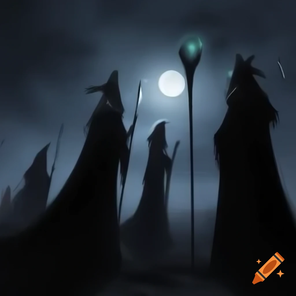 Silhouetted cloaked figures with glowing staffs against moonlit sky on ...