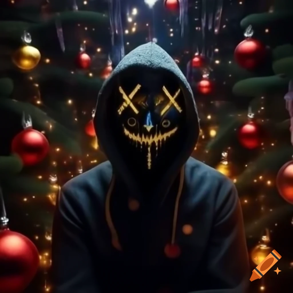 Masked figure in festive setting contrasting horror with Christmas ...