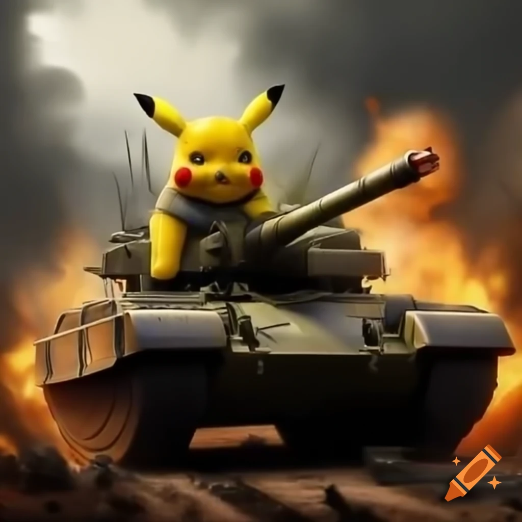 Kim Jong Un as tank commander in armored Pikachu tank, war scene on Craiyon