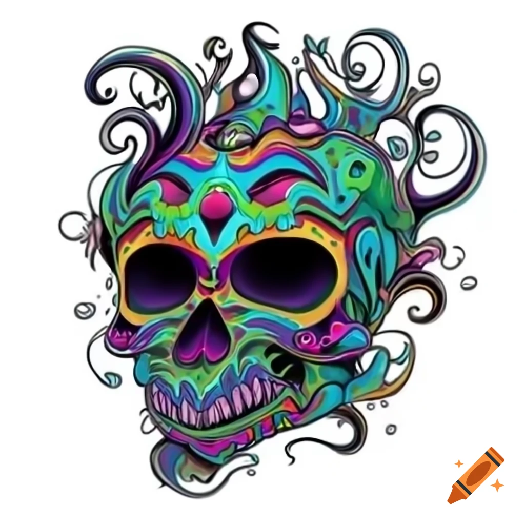 Psychedelic raven's skull with vibrant colors and textures on Craiyon
