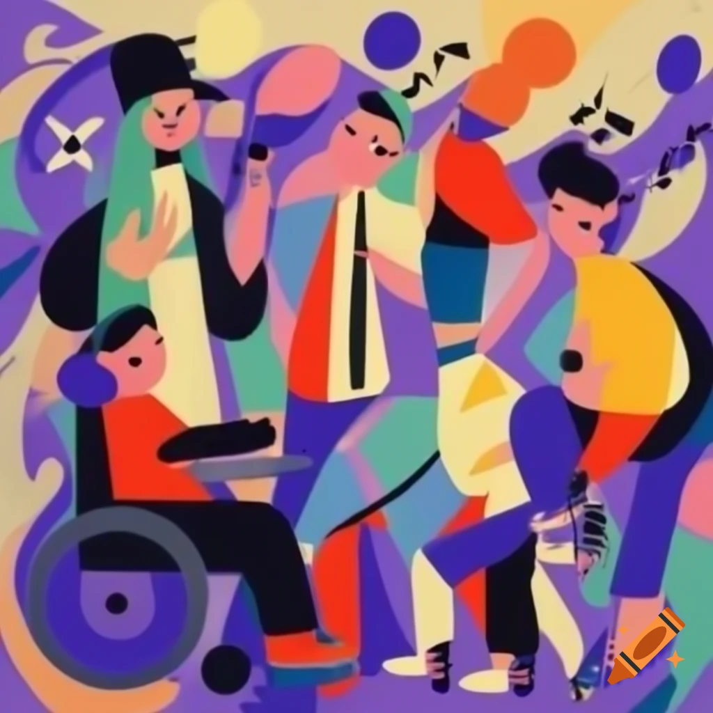 Abstract artwork depicting people with disabilities singing on Craiyon