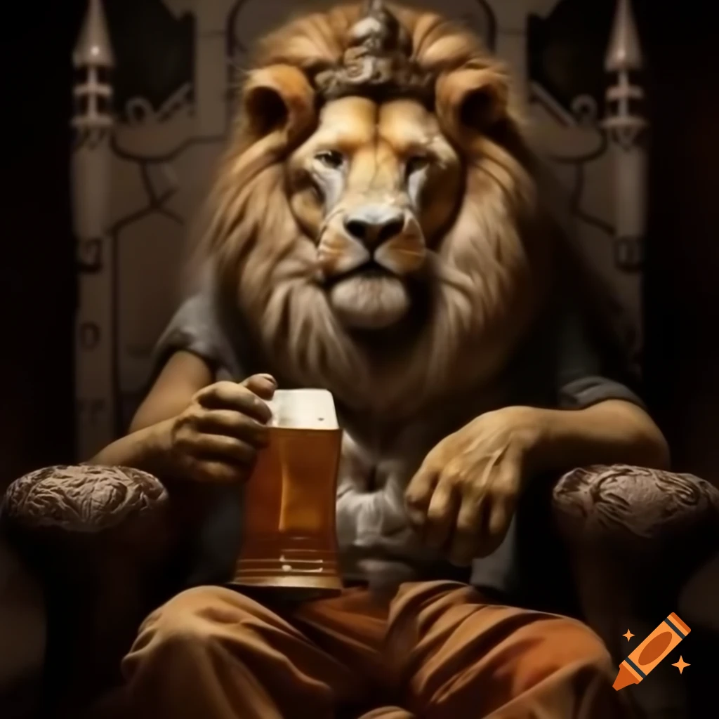Relaxed lion on throne holding beer mug with bent crown on Craiyon