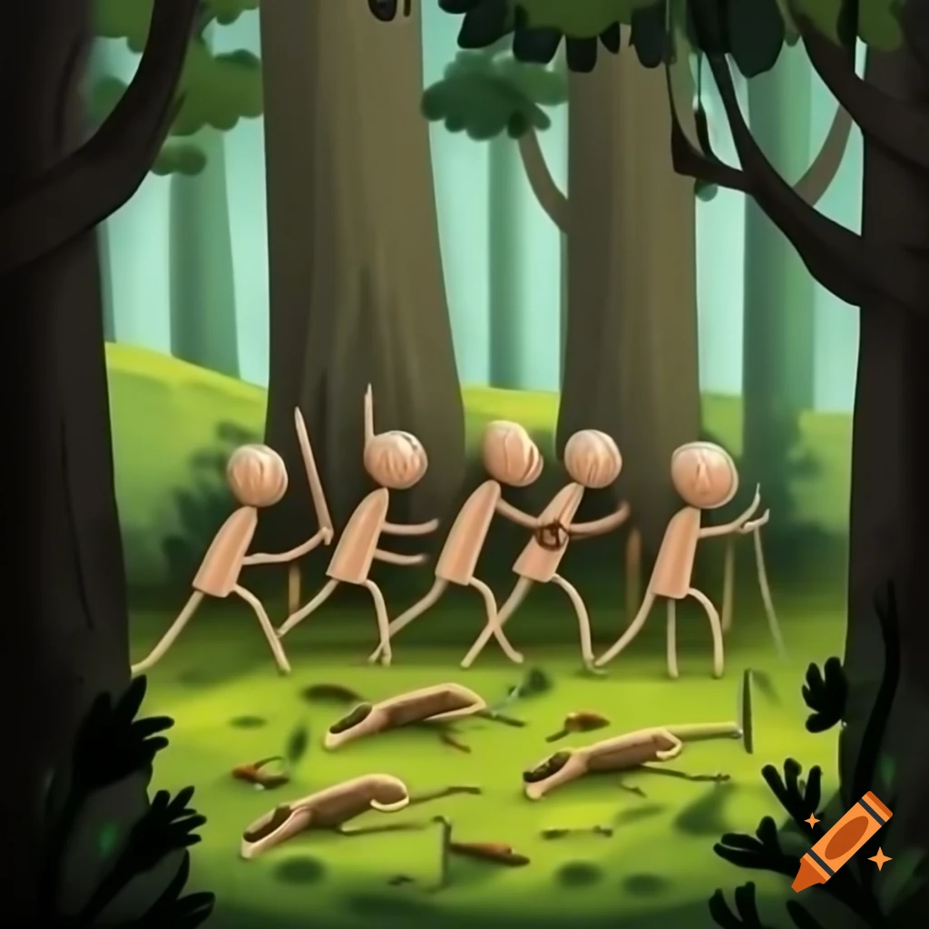 Stick figures hunting in forest with ancient weapons on Craiyon