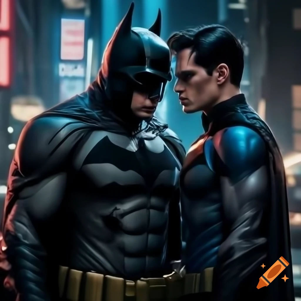 Batman and Nightwing embracing over Gotham City with neon lights on Craiyon