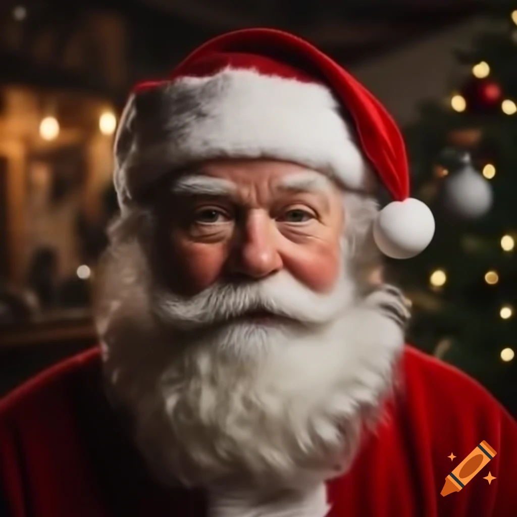 Close up of santa claus speaking to camera in christmas workshop on Craiyon