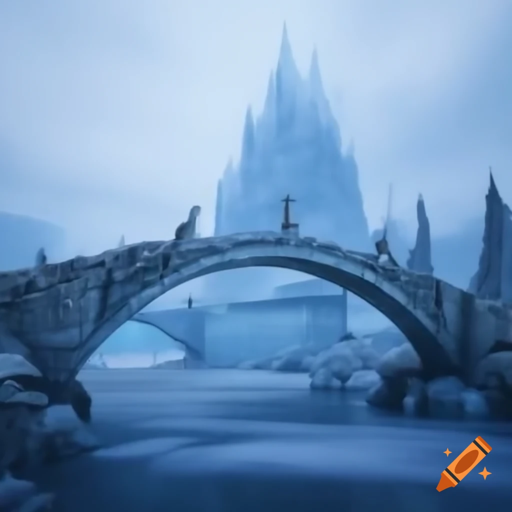 Frozen stone bridge with castle and elven sculpture on Craiyon
