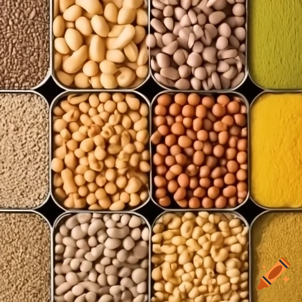 Boxes of various pulses including chickpeas, pigeon peas, green grams ...