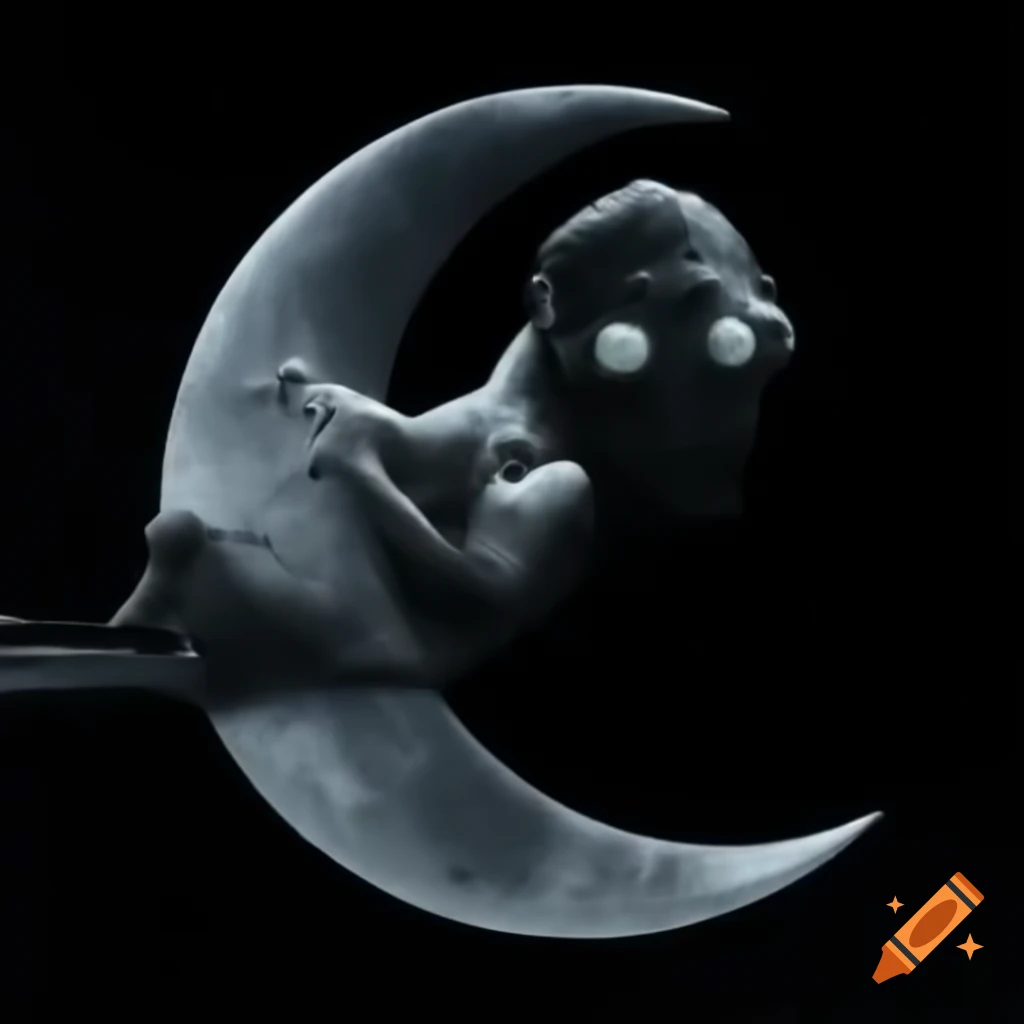Crescent moon with sinister visage, shadows creating intriguing ...