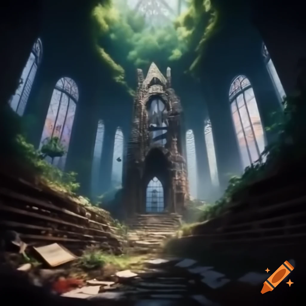 Ruined cathedral overgrown with vegetation and trees, vibrant light ...