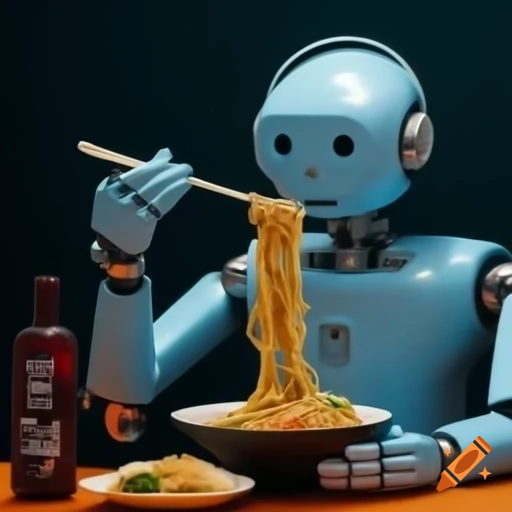 Robot eating ramen with a humorous expression about the taste on Craiyon