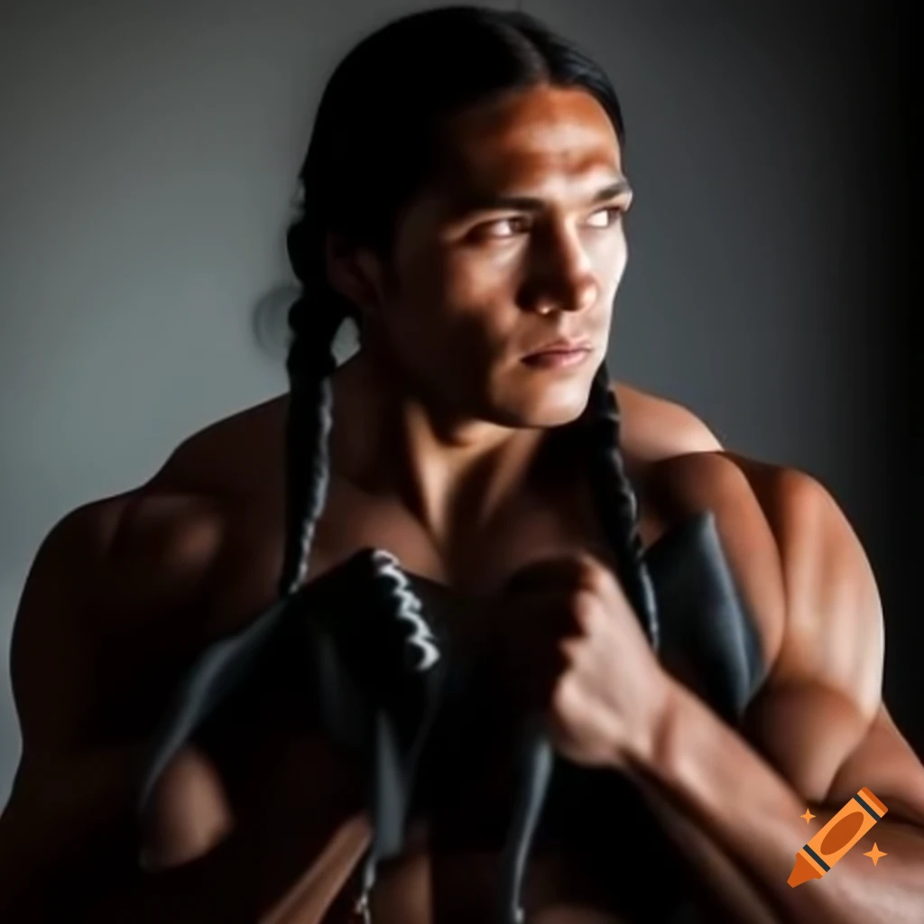 Young Native American man with long black braid in gym setting on Craiyon